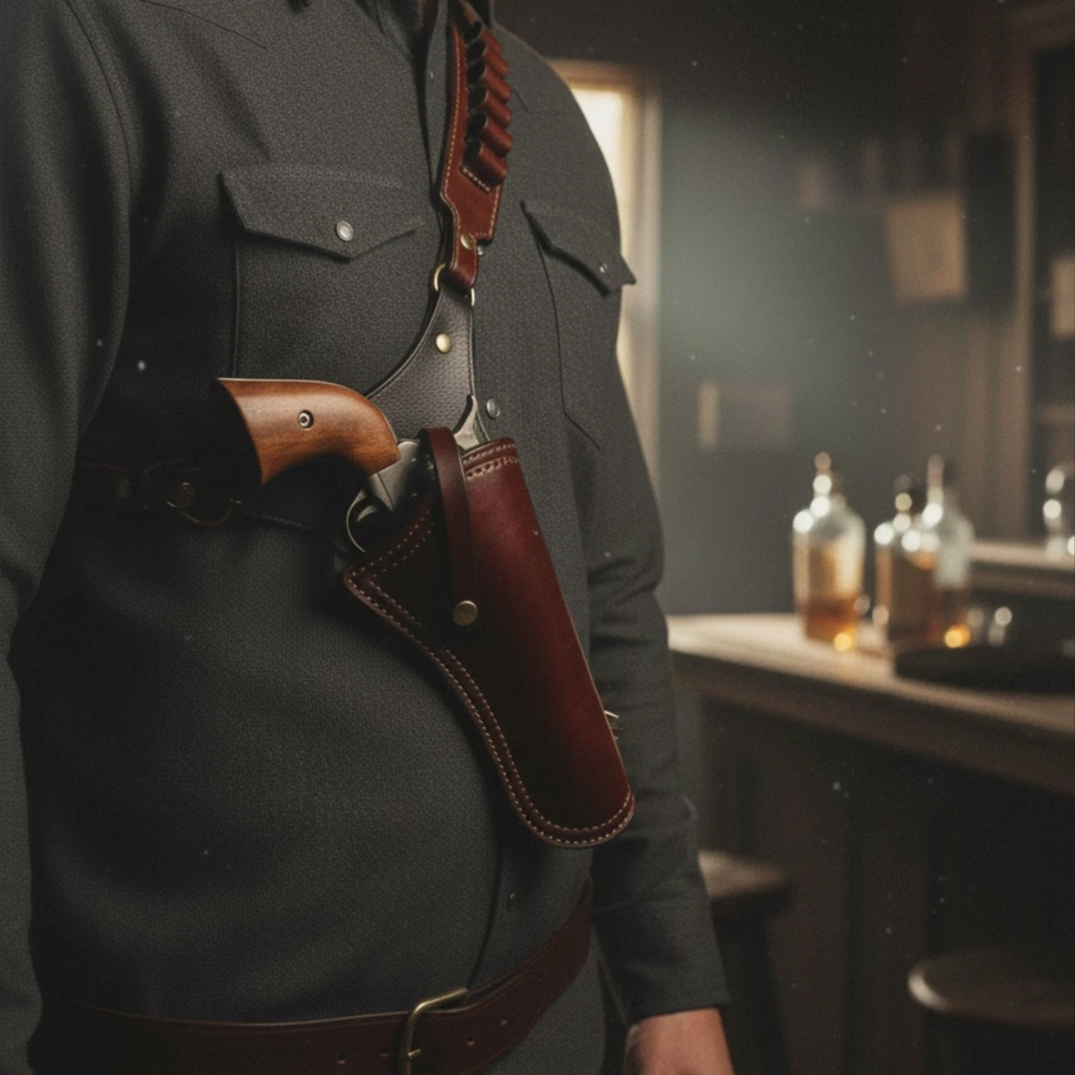 Western Leather Chest Shoulder Holster Rig with Ammo Loops (Brown)